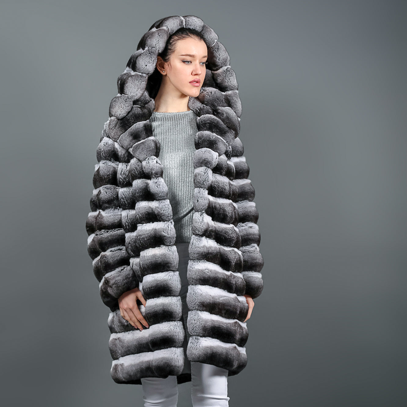 Natural Chinchilla Fur Coat With Hood For Women Fur Caravan Natural Chinchilla Fur Coat With Hood For Women Fur Caravan